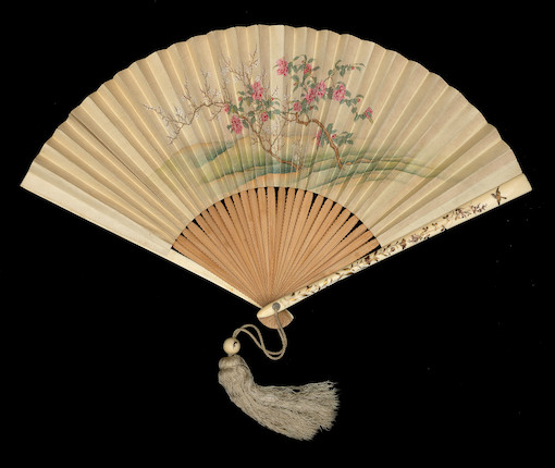 Bonhams : Two ivory-mounted painted folding fans and a bamboo-mounted ...