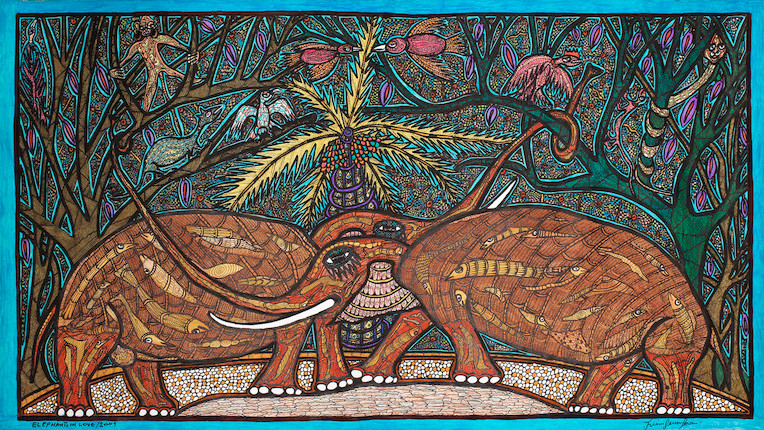 Bonhams : Twins Seven-Seven (Nigerian, 1944-2011) 'Elephants in love ...