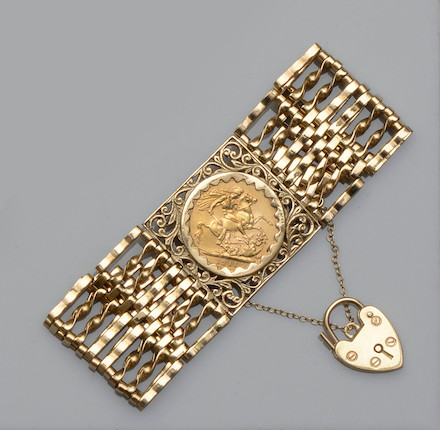 Bonhams : A 9ct gold sovereign set bracelet (2)