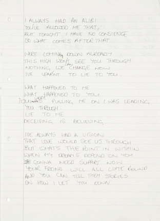 Bonhams : Robbie Williams A page of handwritten lyrics for the song ...