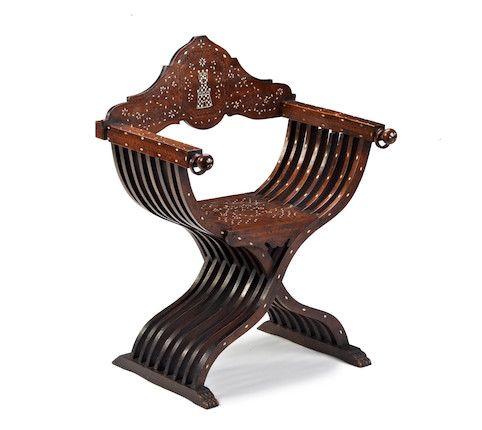 Bonhams : A walnut parquetry and bone-inlaid Savonarola chair Second ...