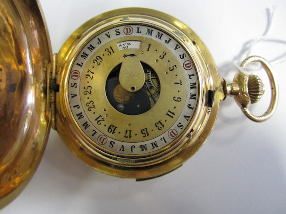 Bonhams : A late 19th century 18ct gold annual calendar repeating pocket watch (AF)Case No.25569