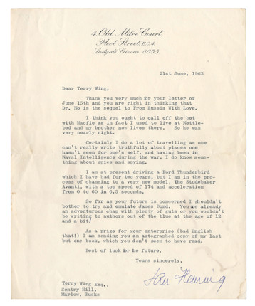 Bonhams : FLEMING (IAN) Typed letter signed, replying to a fan letter ...