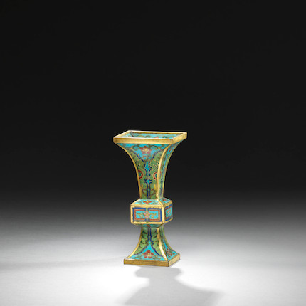Bonhams : An archaistic gilt-bronze and cloisonné enamel square flaring ...