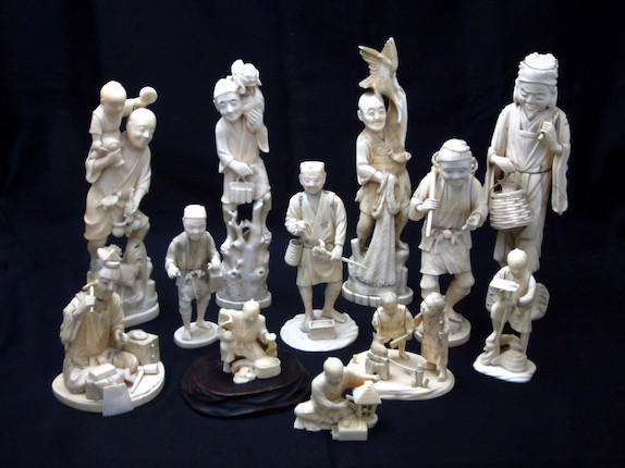 Bonhams : Twelve various ivory, marine ivory and bone figures