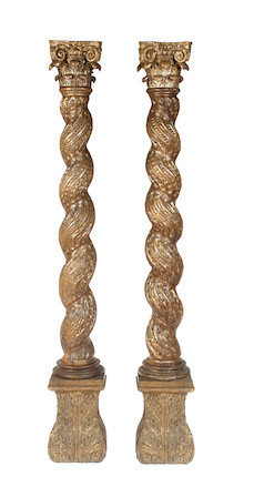 Bonhams : A pair of carved giltwood barley-twist columns