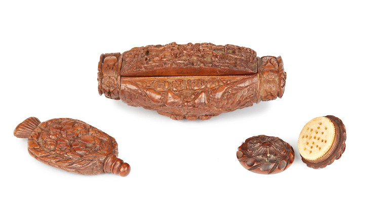 Bonhams : Three pieces of 19th century carved coquilla nut