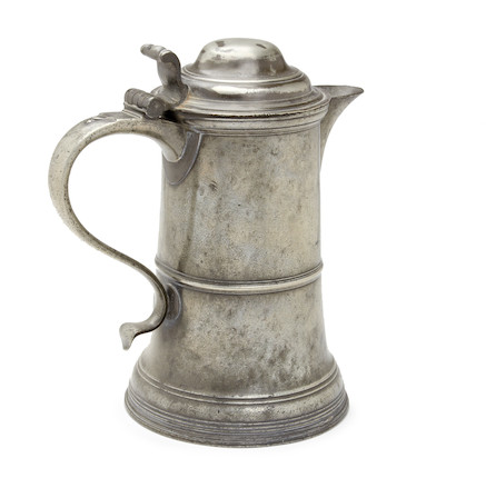 Bonhams : A George III lidded half-gallon pewter ale flagon, circa 1790