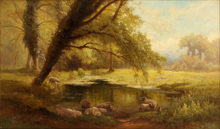 Bonhams : Edward Henry Holder (British, 1847-1922) Sheep watering in a ...