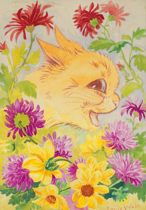 Bonhams : Louis William Wain (British, 1860-1939) Cat among the flowers