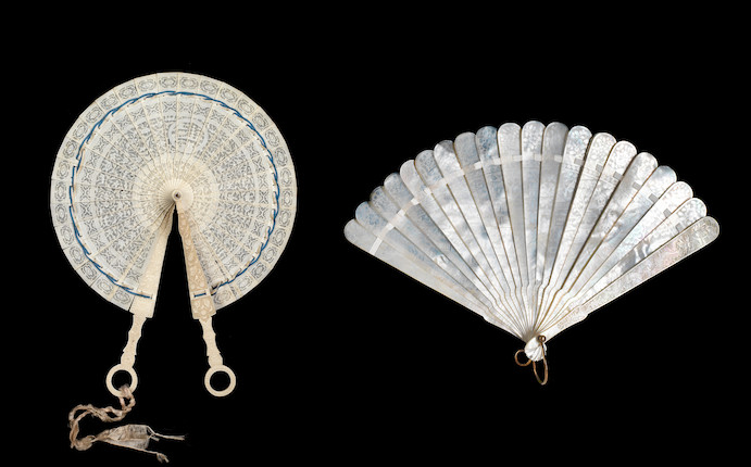 Bonhams : A mother-of-pearl brisé fan and a Canton ivory cockade fan ...
