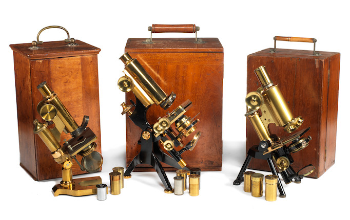 Bonhams : Three compound monocular microscopes, early 20th century,