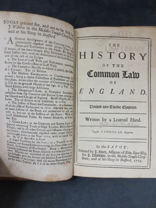 Bonhams : COMMON - HALE (MATTHEW) The History of the Common Law of ...