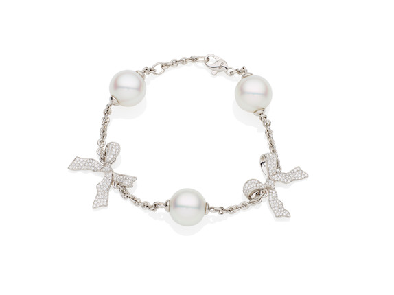 Bonhams : A cultured pearl and diamond 'Ribbon' bracelet, by Paspaley