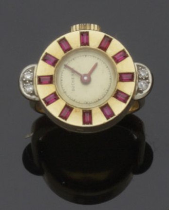 Bonhams : Bucherer A diamond and synthetic ruby watch ring