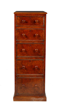 Bonhams : A figured walnut tall narrow chest of drawers 40cm wide