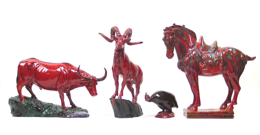 Bonhams : Four Royal Doulton flambé animal figures