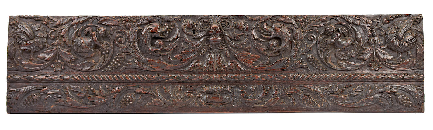 Bonhams : A late 17th century carved oak frieze rail, dated 1690