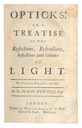 Bonhams : NEWTON (ISAAC) Opticks, W. Innys, 1730