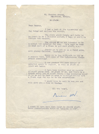 Bonhams : O'BRIEN (FLANN, pseud. of BRIAN O'NOLAN) Typed letter signed ...