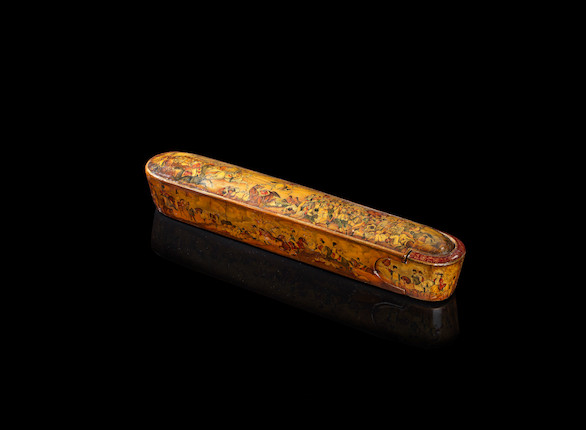 Bonhams : A Qajar lacquer papier-maché Penbox (qalamdan) depicting ...