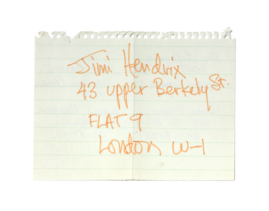 Bonhams : Jimi Hendrix A handwritten note of his London address, 1967,