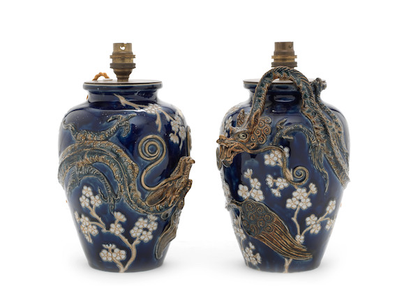 Bonhams : a pair of applied dragon vases by harry barnard or mark ...