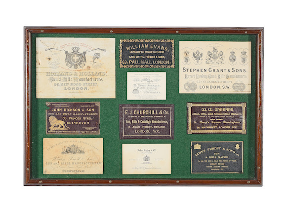 Bonhams : A framed display of gun makers trade-labels
