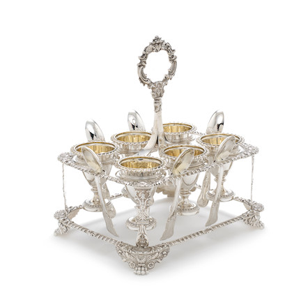 Bonhams : A George IV silver egg cruet by William Eley, London 1828, the spoons by Mary Chawner ...