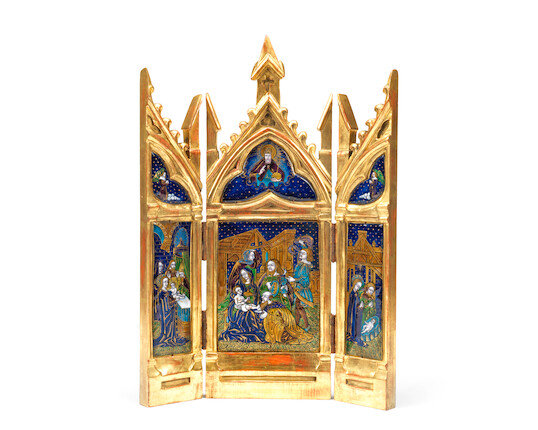 Bonhams : A 19th century Limoges enamel triptych mounted within a gothic style giltwood arched ...