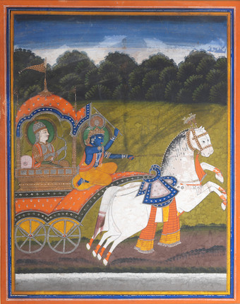 Bonhams : Krishna driving a horse-drawn chariot, Arjuna seated in the ...
