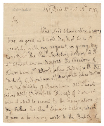 Bonhams : NELSON (HORATIO) Autograph letter signed (Horatio Nelson), to ...