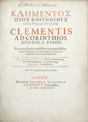 Bonhams : CLEMENT I, POPE Klēmentos pros Korinthious epistolē protē in ...