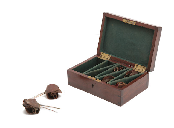 Bonhams : A cased set of 6 pairs of 19th century cock fighting spurs