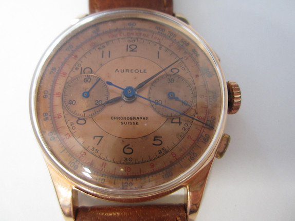 Bonhams : Chronographe Suisse Aureole. An 18K rose gold manual wind ...