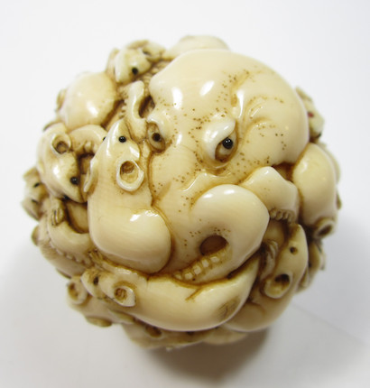 Bonhams : An ivory sphere carved with rats and an octopus Meiji