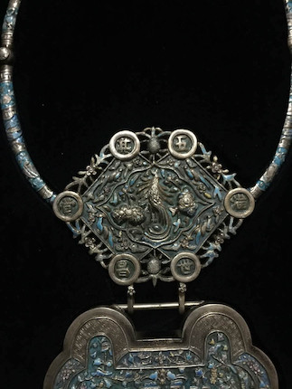 Bonhams : A Chinese silver cloisonné longevity lock