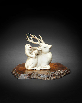 Bonhams : An ivory okimono of a monkey and stag By Gyokudo, Meiji era ...
