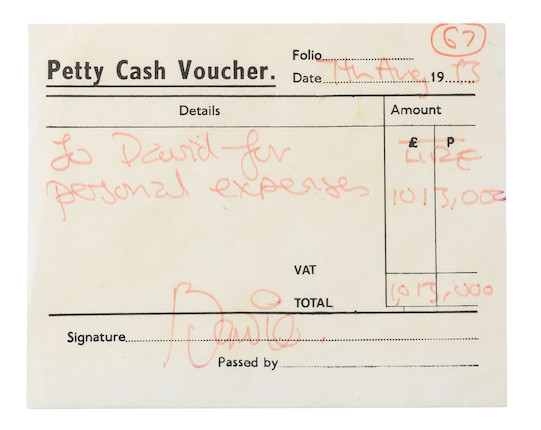 Bonhams : David Bowie A signed Petty Cash Voucher, dated 7th August 1973,