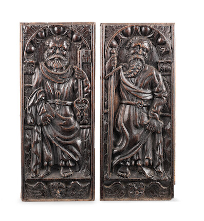 Bonhams : A pair of mid- to late 16th century carved oak panels, French, carved with the figures ...