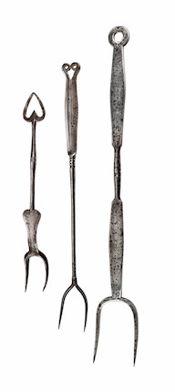 Bonhams : Three 18th century iron flesh or cooking forks (3)