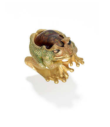 Bonhams : A fire agate, enamel and moonstone Son of Rabber ring, by ...