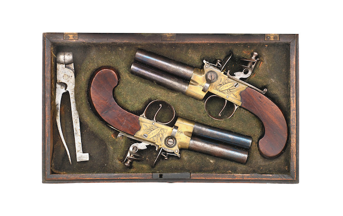 Bonhams : A Cased Pair Of 54-Bore Flintlock Box-Lock Over-And-Under Tap ...