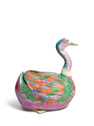 Bonhams : A very fine and rare pair of famille rose 'goose' tureens and ...
