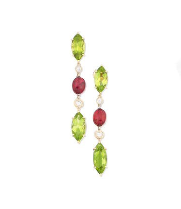 Bonhams : A pair of spinel, peridot and diamond pendent earrings