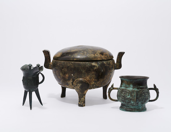 Bonhams : An archaistic bronze food vessel, ding, with wine cup, Jue ...