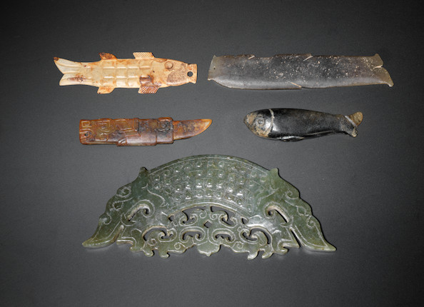 Bonhams : A group of five archaic jade fish and amphibian carvings ...