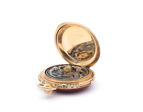 Bonhams : A fine gem-set and enamelled gold minute repeater pocket ...