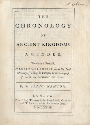 Bonhams : NEWTON (ISAAC) The Chronology of Ancient Kingdoms Amended ...