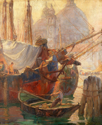 Bonhams : Ellis Silas (British, 1883-1972) Docked boats, Venice